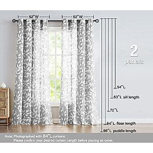 Treatmentex White and Grey Curtains for Bedroom 84" Length Semi-Sheer Print Leaf Curtains for Living Room Windows, Grommet Top, 2 Pack