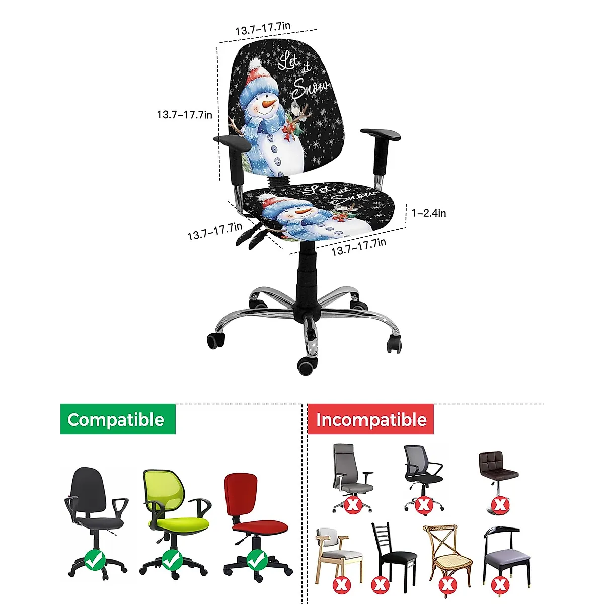 LBDOMOV Christmas Office Chair Cover 2 Piece, Stretch Elastic Computer Desk Rotating Chair Seat Back Covers, Stretchable Chair Slipcover Protectors Cover Black Winter Snowflake Snowman Birds Black