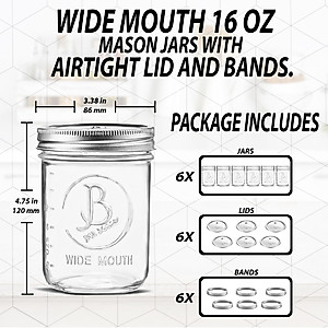 Wide Mouth Mason Jars 16 oz - (6 Pack) - Clear Glass Pint Mason Jars With Airtight Lids and Bands. For Storage, Canning, Fermenting, Meal Prep, Overnight Oats, Freezing, Microwave & Dishwasher Safe