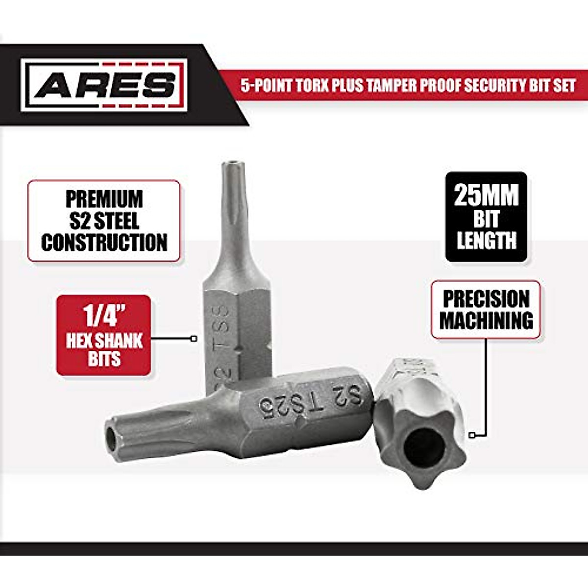 ARES 31004-10-Piece 5-Point Torx Plus Tamper Proof Security Bit Set - 25mm Length S2 Steel Precision Machined Security Bits - Storage Rail Included