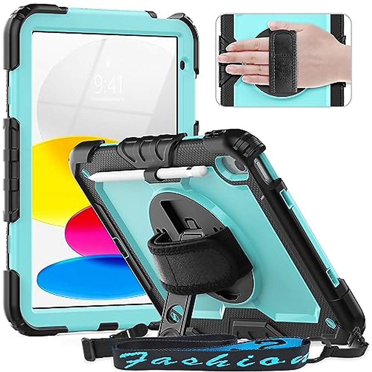 KEYCAUP Case for iPad 10th Generation 10.9 inch, Case for iPad 10 Gen: with Strong Protection, Screen Protector, Hand Strap, Shoulder Strap, 360° Rotating Stand, Pencil Holder - Light Blue