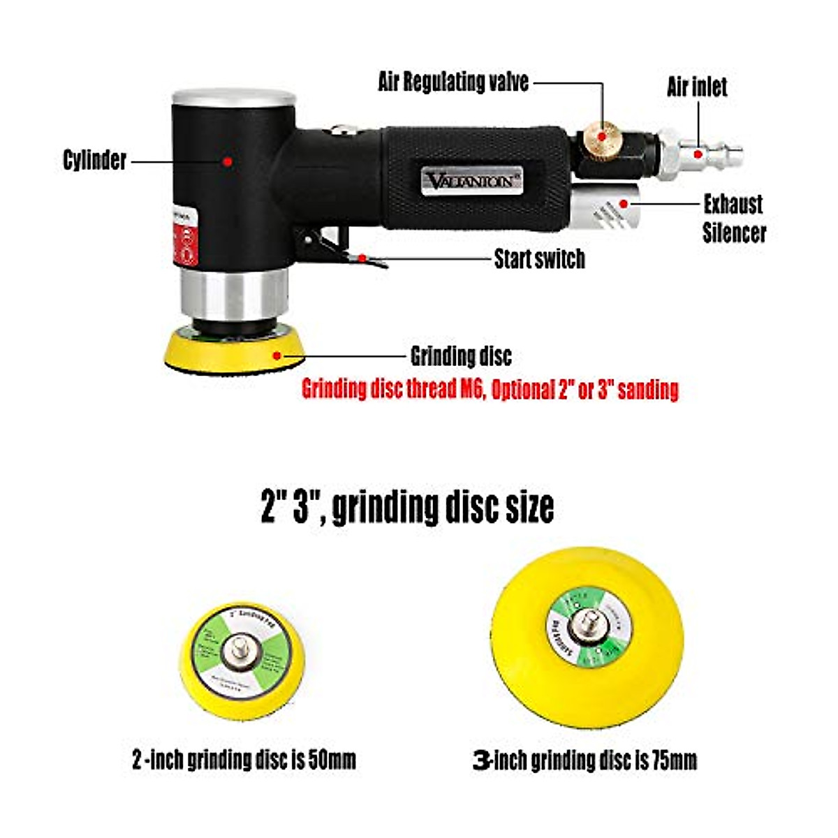 Valianto 2" 3" Mini Air Sander, Pneumatic Sander Random Orbital Eccentric Dual Action Polisher with M6 Thread Plate (2" and 3"),- Adjustable Airflow Valve - US Connector
