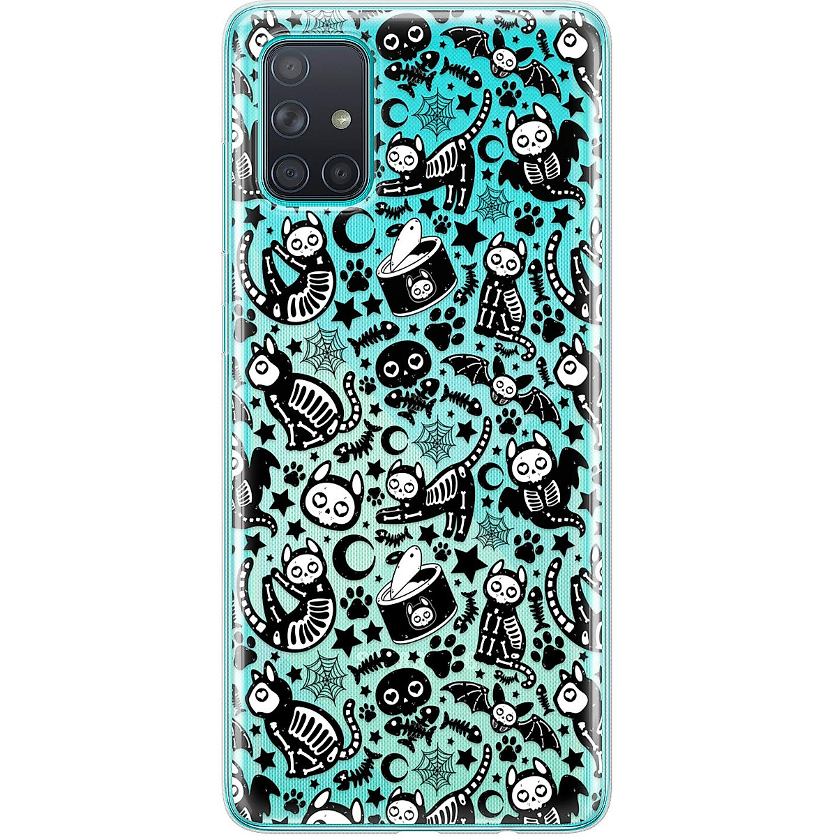 TPU Phone Case Compatible with Samsung A72 A71 5G A70 A51 A50 A32 A21 A11 A12 A13 A14 A01 Flexible Paws Spooky Cats Soft Silicone Bones Skeletons Durable Black Cute Shockproof Protective