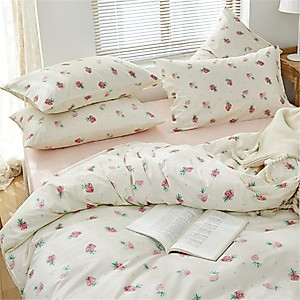 DREAMINGO Cute Strawberry Duvet Cover Full Cotton Girls Strawberry Bedding Set Kawaii Room Decor Lightweight Cute Bedding Comforter Cover with Zipper Ties Kids Teens Cute Aesthetic Bed Set Full