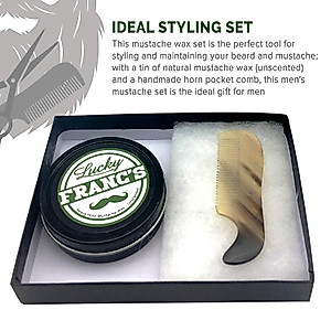Lucky Franc's 2 oz. Strong Hold Mustache Wax and Real Ox Horn Comb Grooming Set. Wax that Stache in Style. Unscented Natural Moustache Wax and Stache or Beard Comb. Handmade Gift Set for Men