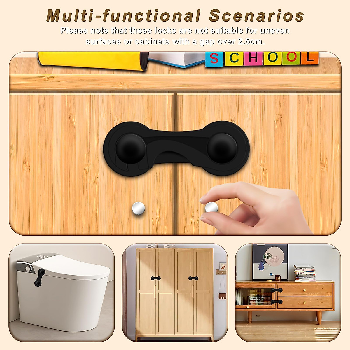 Child Safety Locks (10-Pack) - Cabinet Locks Child Safety - Baby Proof Cabinet Lock Easy to Install (No Drilling) 3M Adhesive for Drawers, Cabinet Seat, Toilet Seat, Fridge, Oven, Appliances