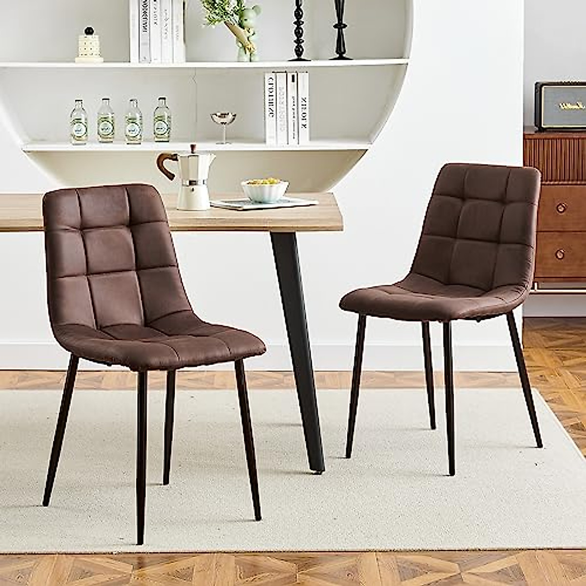 CLIPOP Modern Kitchen Dining Chairs Set of 2, Mid Century Modern Dining Chair with Upholstered Seat, Metal Leg, Armless Living Room Accent Chair, Kitchen Side Chair for Lounge Guest, Brown