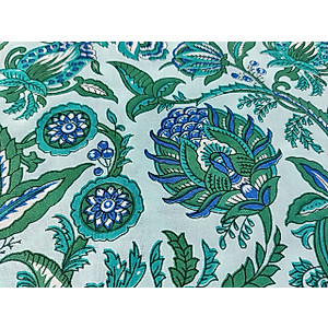 Craftbot Hand Block Print Fabric by The Yard - PRECUT 3 Yards 42 inch Width - 100% Cotton Material - Green Floral Pattern - Light Weight Indian Cloth for Making Kurti Summer Dress Salwar Kameez etc