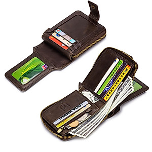 LUKZIJAES Genuine Leather Wallet for Men RFID Blocking Large Capacity Card Case with Zipper ID Window Coin Pocket (#2-Coffee)