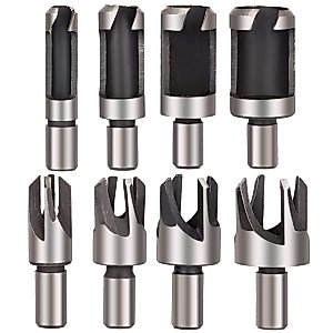 Szliyands 8pcs Wood Plug Cutter Drill Bit Set Straight and Tapered Taper 5/8" 1/2" 3/8" 1/4" Cutting Tool Cork Drill Bit Knife