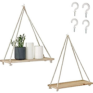 Hanging Shelves for Wall [Set of 2 w/ Hooks] Wooden Shelf Macrame Rope, Natural Light Reclaimed Wood, Boho Decor Triangle Floating Farmhouse Rustic Modern Plant Aesthetic, Dorm Living Room Bedroom