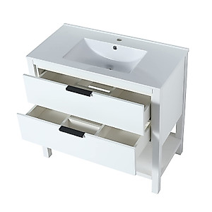 LVTFCO 36" Modern Freestanding Bathroom Vanity with 2 Drawers and Open Style Shelf, Bathroom Vanity Sink Combo with Plywood Pedestal and Resin Sink for Apartment Dorm Contemporary Bath (White)