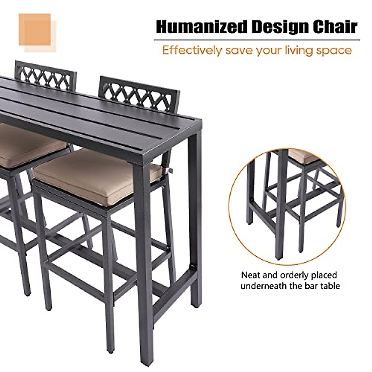 ONLYCTR Outdoor Bar Chairs and Table, Metal Outdoor Bar Set, 3 Piece Patio Bar Table Set with Bar Stools & Cushions for Backyard, Porch, Bistro, Balcony (Gray, 55" Table, 2 X-Back stools)