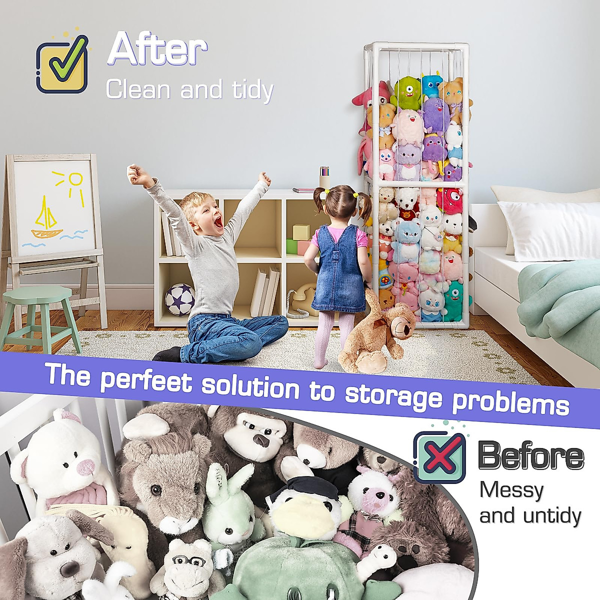 Trycooling Stuffed Animal Storage Zoo Stuffed Animal Holder Space Save Vertical Stuffed Animals Storage PVC with Elastic Band and Net for Playroom Bedroom Nursery (White 1)