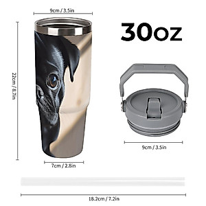 30 Oz Tumbler with Foldable Handle And Flip Straw,Black Pug Dog Puppy Vacuum Insulated Travel Coffee Tumblers,Stainless Steel Leak-Proof Water Bottle,Fits in Cup Holder,Keep Cold 24H & Hot 12H