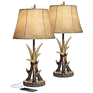 John Timberland Boone Rustic Western Table Lamps 27.5" Tall Set of 2 with USB Charging Port Natural Antler Bell Shade Decor for Living Room Bedroom House Bedside Nightstand Home Office