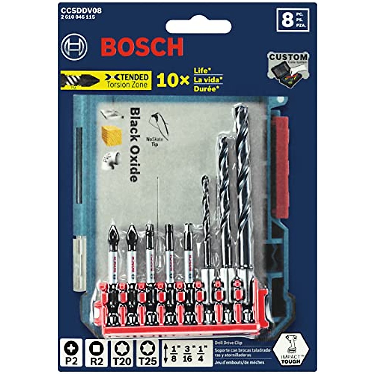 BOSCH CCSDDV08 8-Piece Assorted Set Impact Tough Black Oxide Drill Bits and 2 in. Phillips, Square, and Torx Power Bits with Clip for Custom Case System
