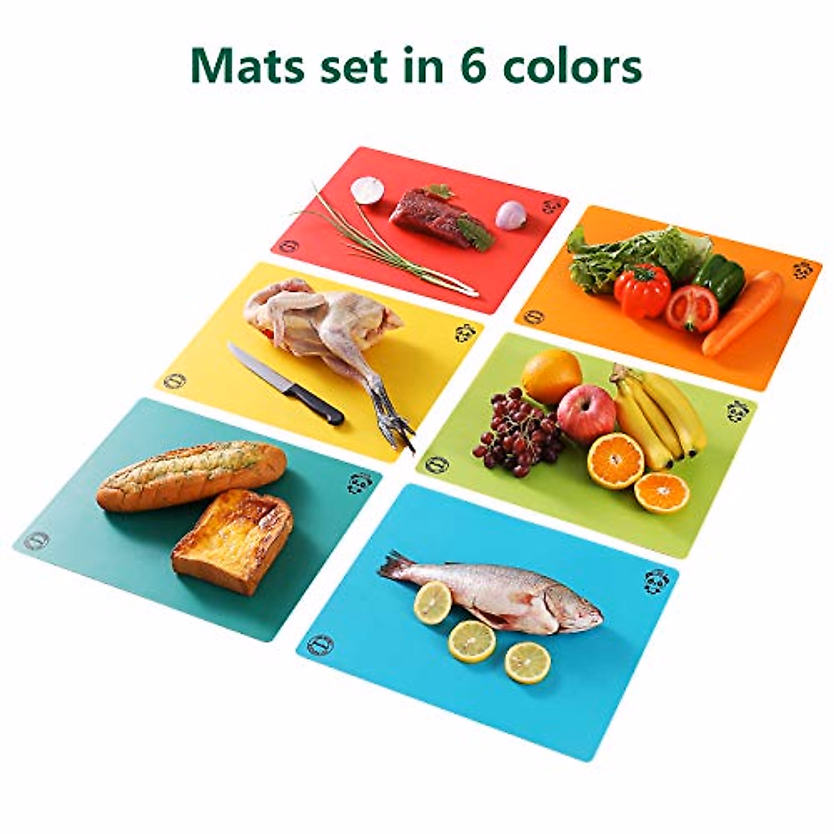 Boelley flexible grade plastic kitchen cutting board mats with food icons for dishwasher safe set of 6 Multicolored Plastic chopping board,Ideal for Meat, Vegetables, Fruits, Bread
