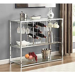 ASYA Wine Rack Table with Glass Holder, 3-Tier with Temered Glass Shelves, Modern Liquor Cabinet with Storage for Wine Bar, Living Room, Kitchen and Dining Room (Silver Finish)