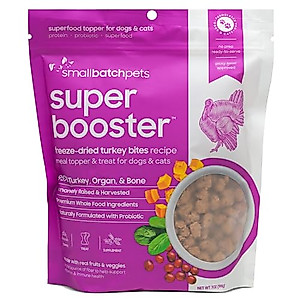 smallbatch Pets Freeze-Dried Super Booster Turkey Bites for Dogs & Cats, 7 oz, Made in The USA, Organic Produce, Humanely Sourced Meat, Single Source Protein, Mixer & Topper, Cranberry & Probiotics