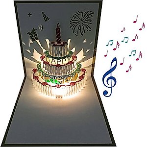 3D Birthday Cards, Auto Play Music Warm LED Light Birthday Cake Card, Greeting Cards Birthday Music Cards for Mom Wife Sister Boy Girl and Friends 1 Pack