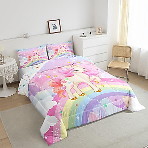 Feelyou Unicorn Girls Bedding Set Twin Rainbow Kids Pink Unicorn Comforter Set Kawaii Cute Reversible Stars Quilt Comforter Teens Children Adults Cartoon Unicorn Room Decor All Season