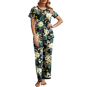 PrinStory Womens Pajama Sets 2025 Short Sleeve Pajama Sets for Women 2 Piece Lounge Set Ladies Soft Pjs FP-Green Leaf Lily-L
