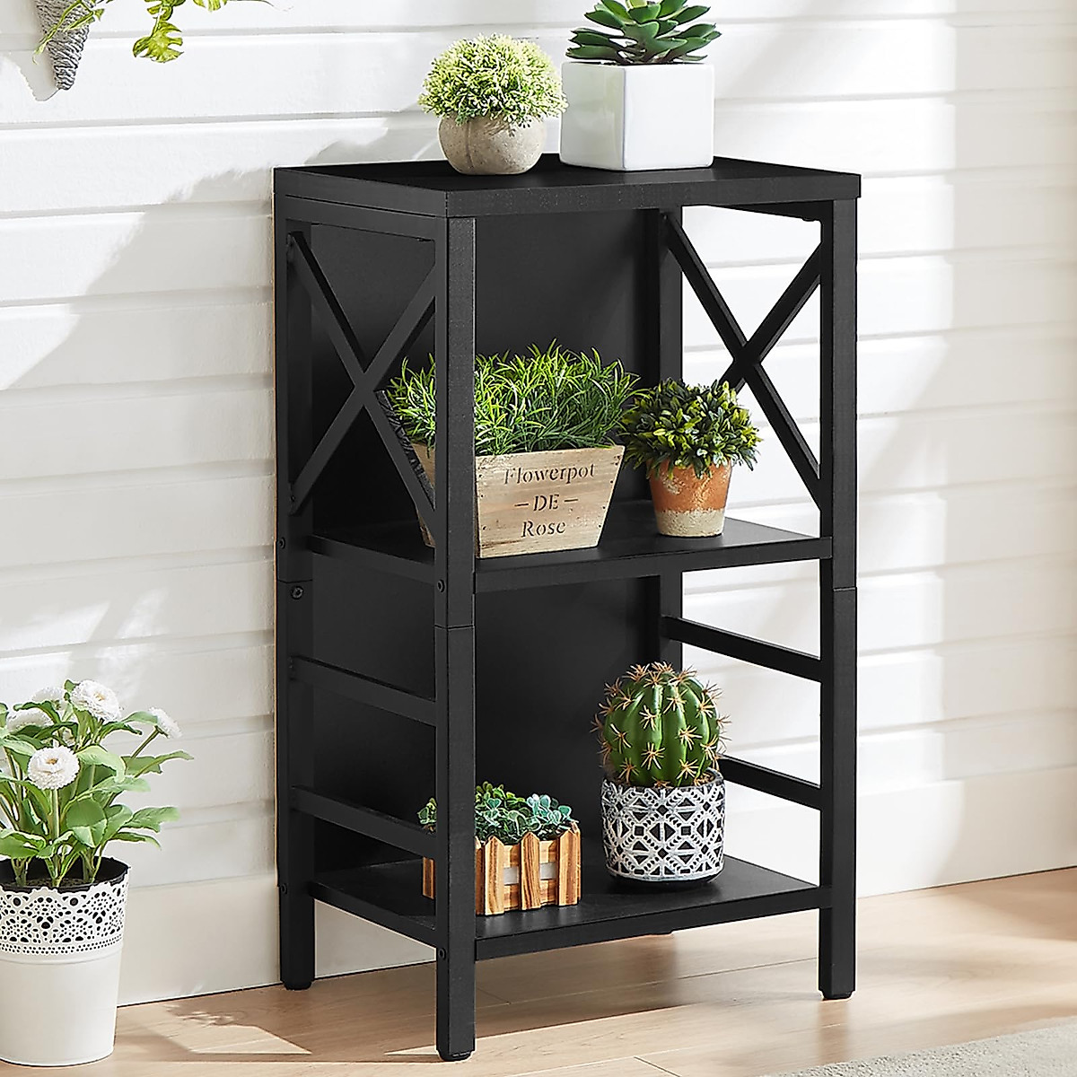 MNEETRUNG Small Bookcase,3 Tier Industrial Bookshelf with Metal Frame and Backboard,Low Black Book Shelf,Small Book case for Small Spaces,Living Room,Bedroom and Home Office