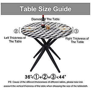 smiry Round Table Cloth Cover, Elastic Waterproof Fitted Vinyl Table Covers for 36"-44" Tables, Flannel Backed Buffalo Plaid Tablecloth for Picnic, Camping, Indoor and Outdoor, Black and White