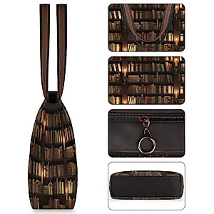 AUUXVA Women Tote Bag Medium Handbags Library Bookshelf Pattern Shoulder Bags with Zipper Satchel Bags Purse for Work Travel Beach Shopping School Gift Bags