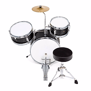 Ashthorpe 3-Piece Complete Drum Set - Beginner Kit with 14" Bass, Adjustable Throne, Cymbal, Pedal & Drumsticks - Black
