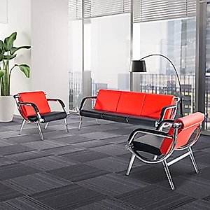 Bestmart INC Office Reception Sofa Set PU Leather Visitor Guest Sofa Executive Side Waiting Room Chair Set, one 3-Seat Sofa & Two 1-Seat Chair, Modern Red & Black