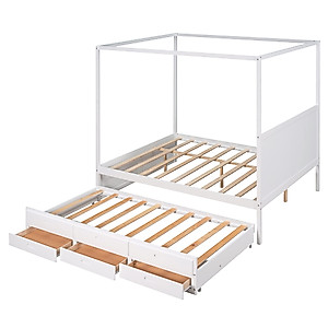 Favfurish Queen Size Canopy Platform Bed with Twin-Size Trundle and Three Storage Drawers,Easy to Assemble,Wood Bed-Frame for Children Teens Adults,Suitable for Bedroom,White