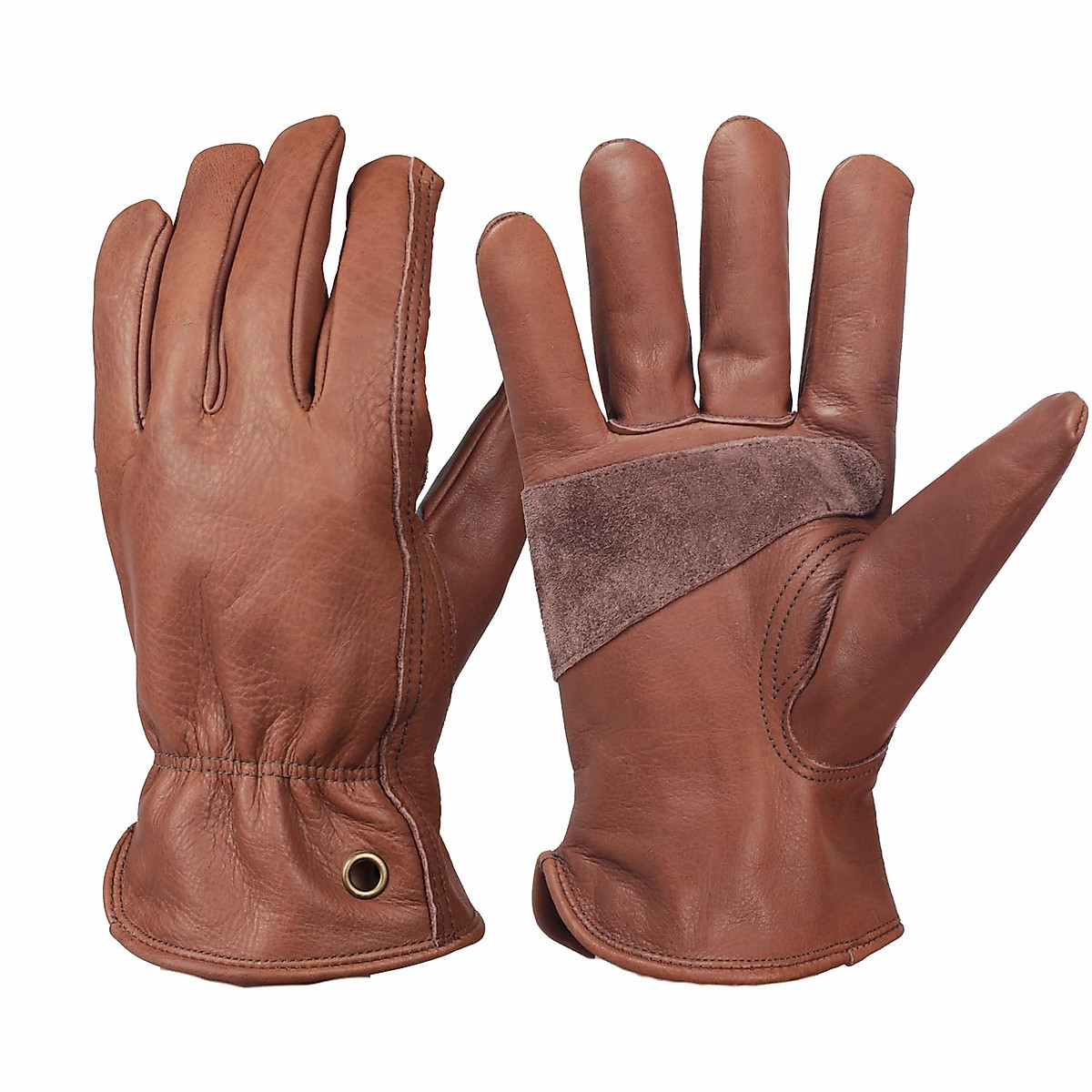 NBLEAGLO Retro Brown Cowhide Leather Work Gloves for Construction, Yardwork, Gardening with Reinforced Palm for Men & Women (Brown, Large)