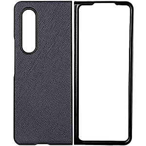 ZYKY Phone Case for Galaxy Z Fold 3, Genuine Leather Protection Cover PC Hard Shockproof Back Cover Protector Case Shell Compatible with Samsung Galaxy Z Fold 3 5G (Blue)