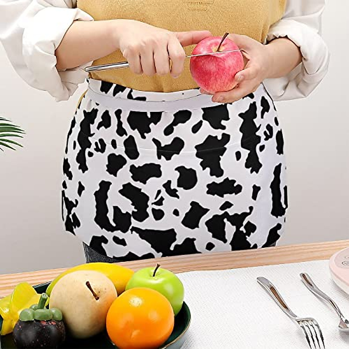 SLNFDKND Cow Print Apron with 3 Pockets Waiter Server Half Apron for Women Men Serving Restaurant Chef Adjustable Apron