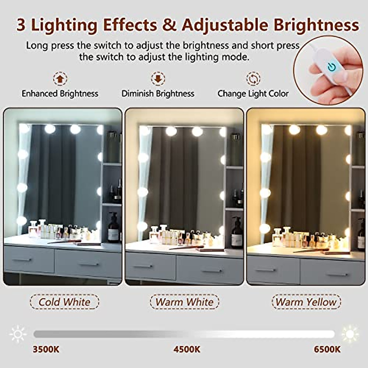 usikey Large Vanity Set with 10 LED Lights and Charging Station, Makeup Vanity Dressing Table with 5 Drawers, Storage Shelves and Cushioned Stool, Vanity Table with Cabinet Drawer Chest, White