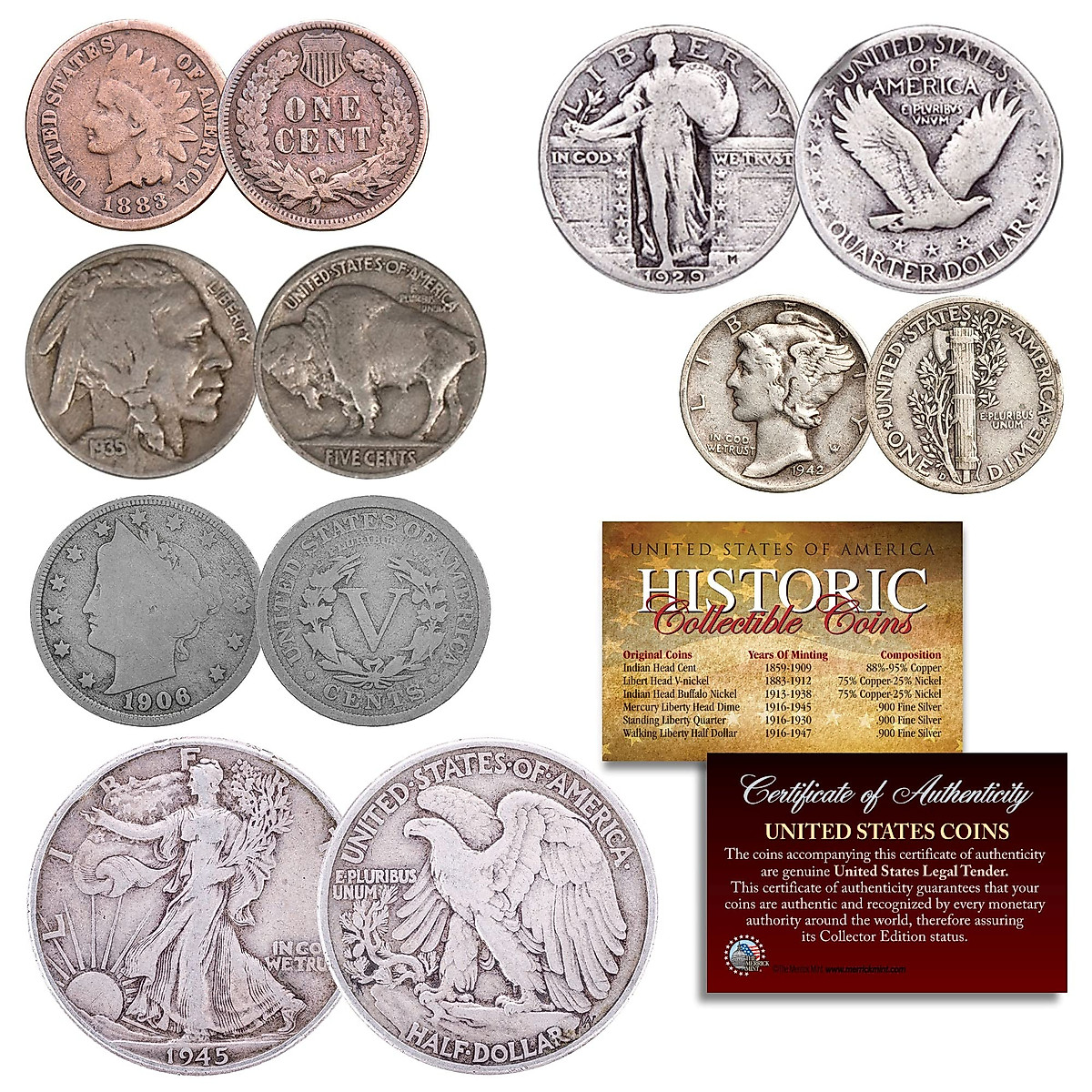 Old U.S. Silver Coins 6 Coin Collection Set - Walking Liberty Half, Standing Liberty Quarter, Mercury Dime, Buffalo Nickel, V-Nickel, Indian Head Cent, All in airtight Capsules with Certificate
