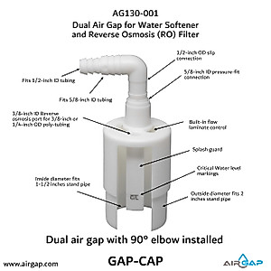 Dual Air Gap for Water Softener and Reverse Osmosis with 5/8 or 1/2-inch and 3/8 or 1/4-inch inlets, 1-1/2 or 2-inch Standpipe (8500, GAP-CAP, AG130-001)