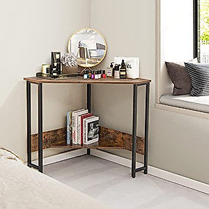 Tangkula Corner Desk with Power Outlet & USB Ports, Triangle Computer Desk with Charging Station, Storage Shelf, Space Saving Writing Desk, Vanity Table, Corner Desk for Small Space (Rustic Brown)