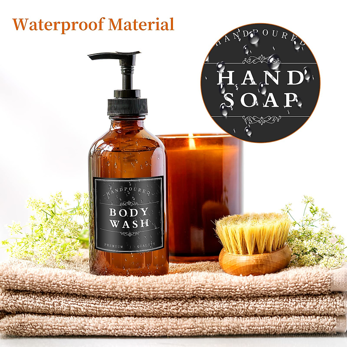 24PCS Waterproof Soap Labels for Bottles, Bathroom Hand Soap Label Stickers, Shampoo and Conditioner Dispenser Labels for Glass/Plastic Spray Bottle (Black)