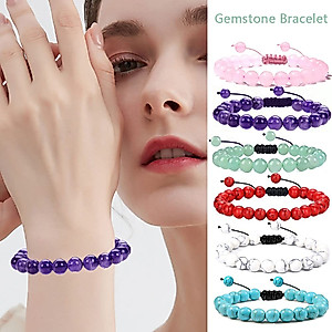 FINZOR 12Pcs 8mm Stone Beads Bracelets for Women Men Semi-precious Gemstone Crystal Beaded Bracelets Lava Rock Tiger Eye Amethyst Chakra Bracelets Unisex Adjustable