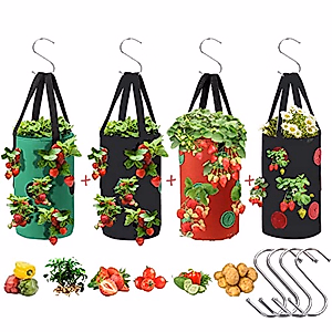 4 Pcs Upside Down Strawberry Planter- 4 Hooks 3 Gallon Hanging Strawberry Planter Hanging Planter,Sturdy Hanging Handle Thickened Breathable Felt Cloth for Tomato Hot Peppers Vegetables (4Pcs 3Gal)