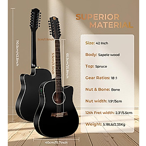 Vangoa 12 String Guitar Acoustic Electric, Upgraded Guitar 12 Strings Bundle for Beginner Intermediate Adults Teens, Guitarra de 12 Cuerdas, Spruce Top Bone Nut, Black, Matte