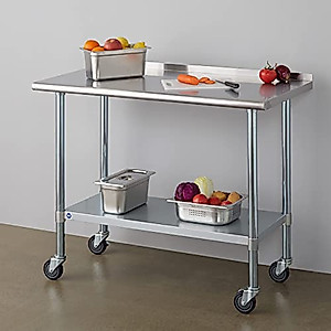ROCKPOINT Stainless Steel Table for Prep & Work with Backsplash, Caster Wheels 48x24 Inches, NSF Metal Commercial Kitchen Table with Adjustable Under Shelf & Table Foot for Restaurant, Home & Hotel