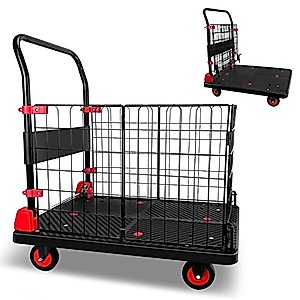 Platform Truck Cart with Cage, Foldable Push Cart Dolly 880lb Capacity w/ 5'' TPR 360 Degree Swivel Wheels, Heavy Duty Moving Portable Hand Trucks for Warehouse, Groceries, Garage