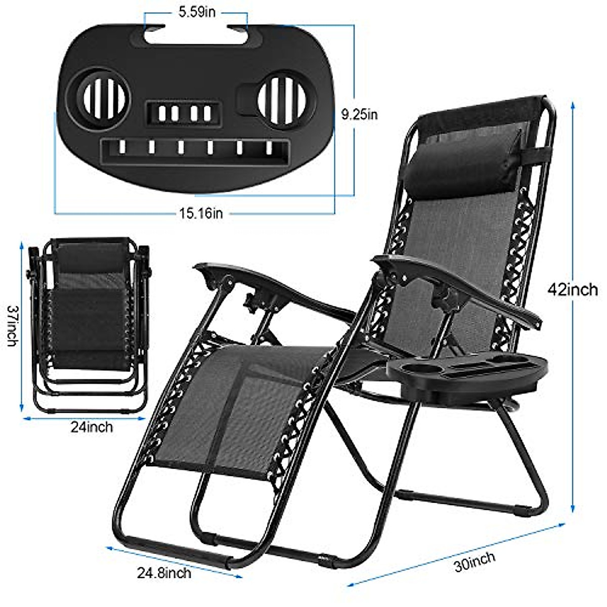 iMounTEK Set of 2 Adjustable Zero-Gravity Reclining Outdoor Lounge Chairs w/Pillows & Cup Holder Side Tray, Supports 330lbs, for Patio, Porch, Deck, Poolside, Beach, Lawn, Yard - Black/Blue/Brown/Tan