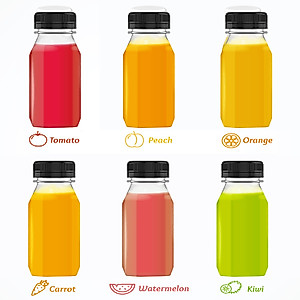 Hulless 6 Pcs 4 Ounce Plastic Juice Bottle Drink Containers Juicing Bottles with Black Lids, Suitable for Juice, Smoothies, Milk and Homemade Beverages, 120 mL