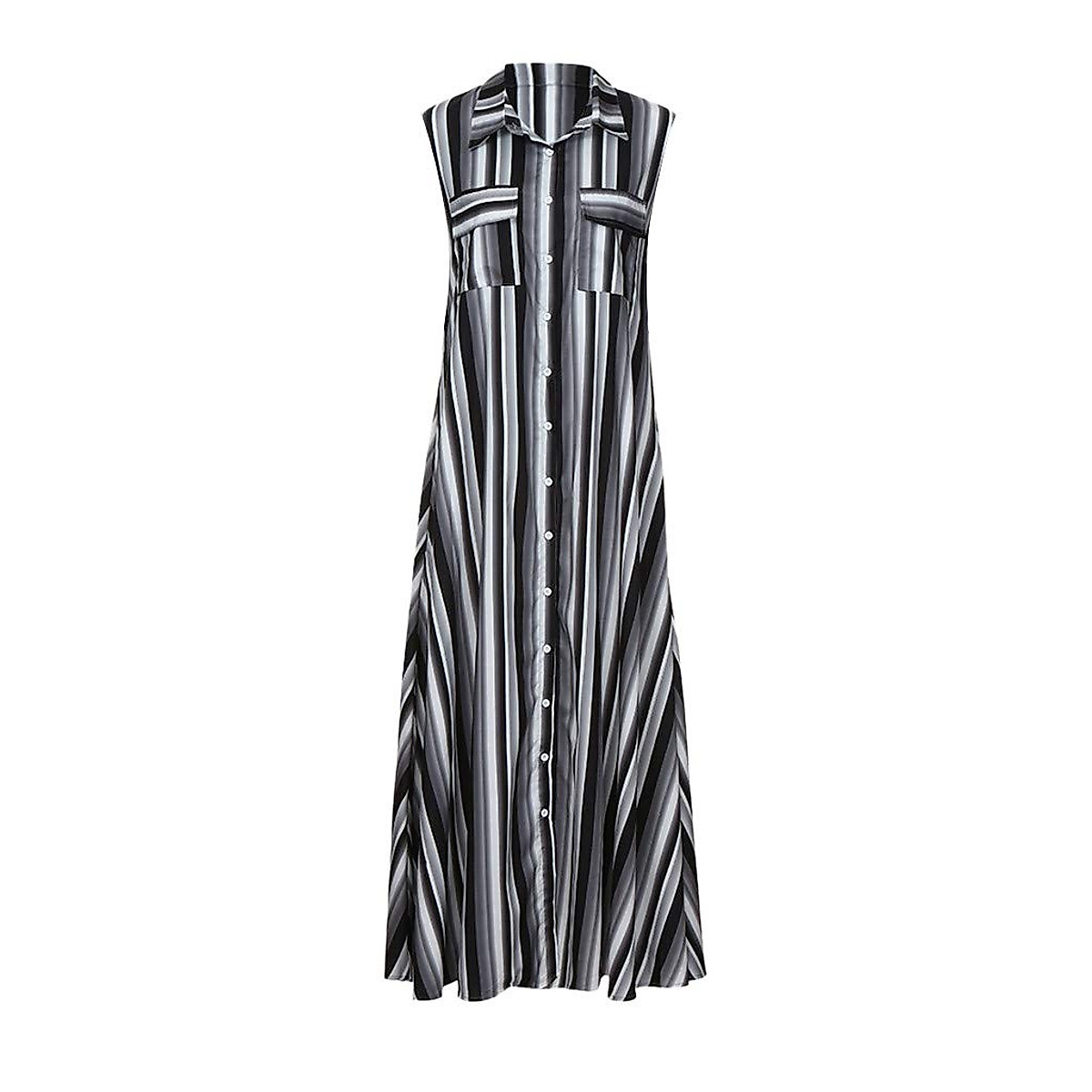 F_Gotal Womens Casual Long Maxi Sundress, Rainbow Button Down Roll up Sleeve Dress, Stripes Loose Maxi Pockets Dresses