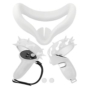 MASiKEN Controller Grips Cover with Face Cover for Meta Oculus Quest 2, Anti-Throw Grips Spike Cover with Adjustable Wrist Strap and Sweatproof Silicone Face Pad, Quest 2 Accessories Kit (White)